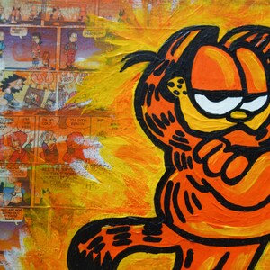 Handmade Garfield Painting on Newspaper and Stretched Canvas 12 by 12 ...