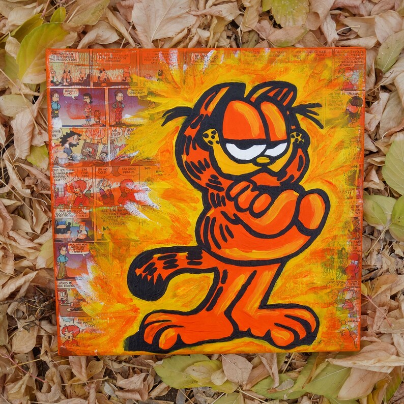 Handmade Garfield Painting on Newspaper and Stretched Canvas 12 by 12 ...