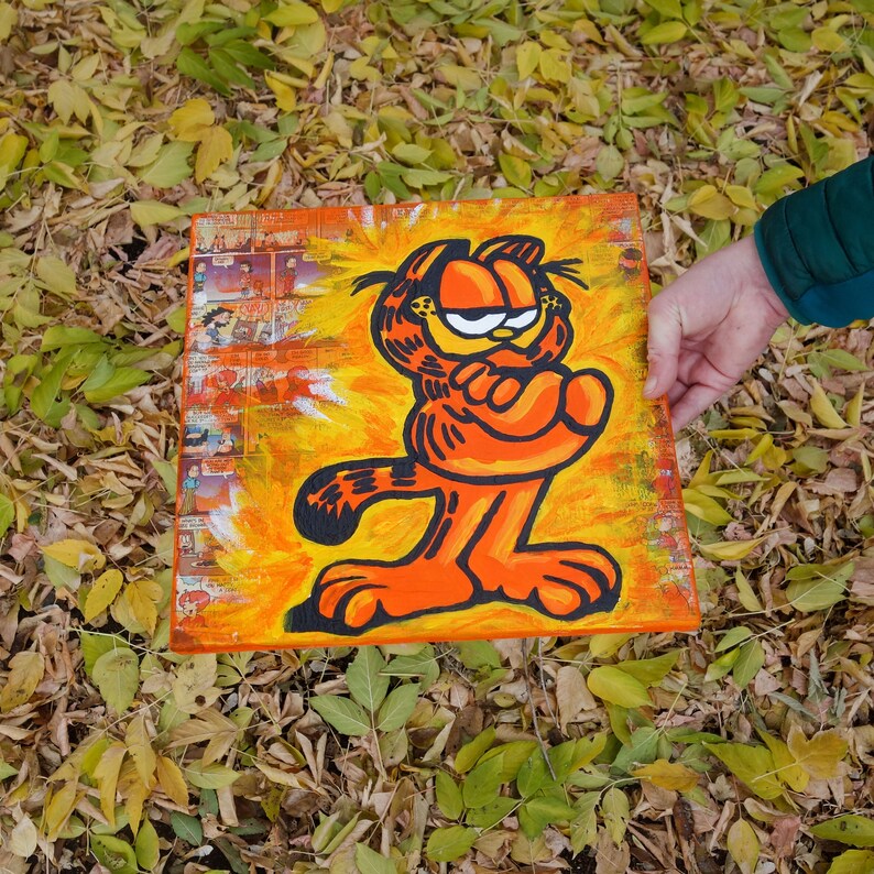 Handmade Garfield Painting on Newspaper and Stretched Canvas 12 by 12 ...