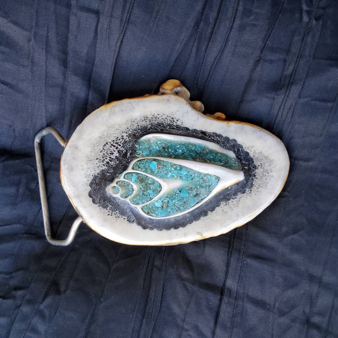 Elk Antler Belt Buckle With Seashell Inlaid With Turquoise Chips - Etsy