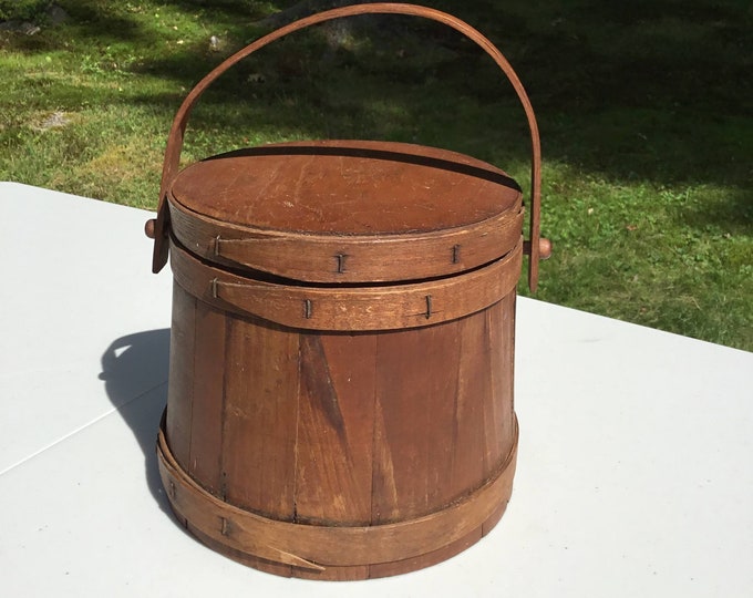 Small Vintage Prim Wooden Firkin Sugar Bucket Drop Handle & Lid 7.5" H ...
