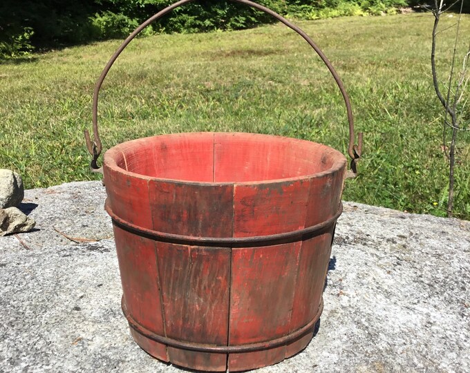 Antique Small Old Worn Red Painted Wooden Staved Pail Bucket & Swing ...