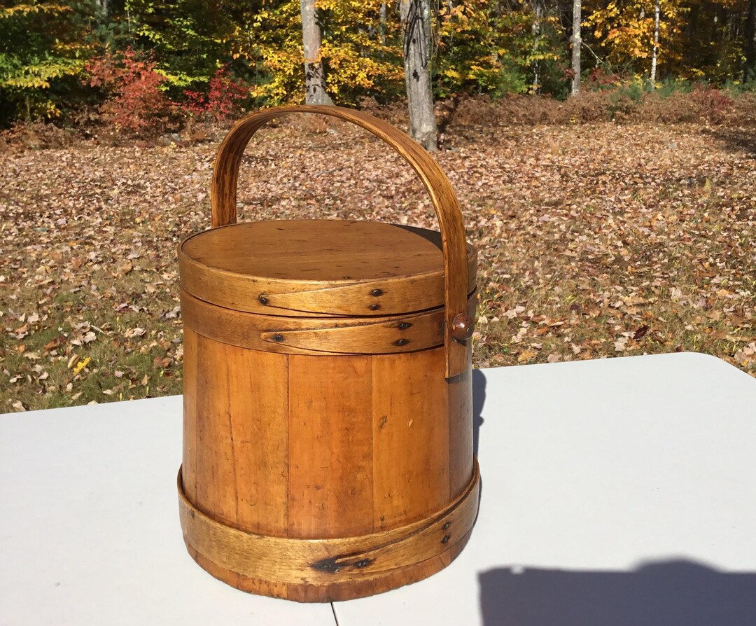 Antique Prim Firkin Sugar Bucket Drop Handle & Lid 9.5"h 3 Band Honey ...