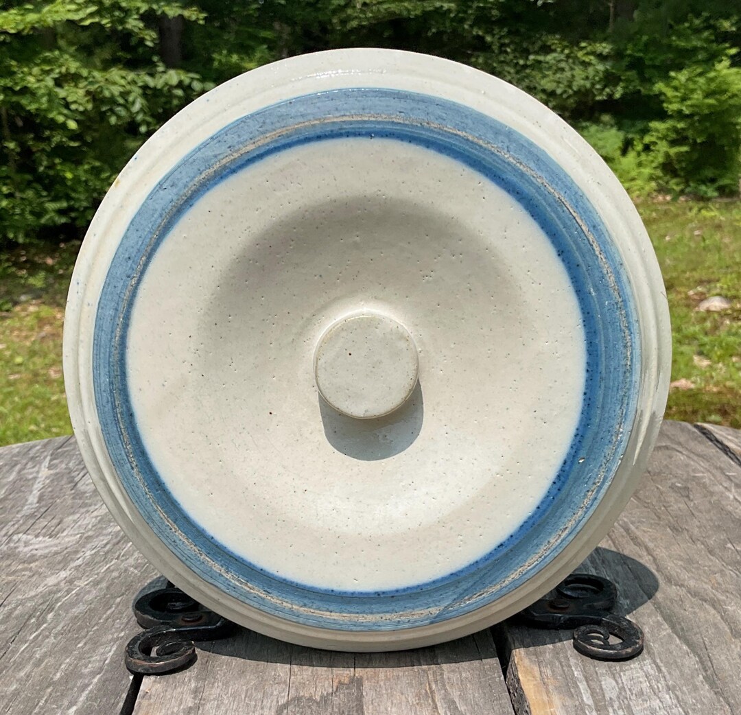 Antique Prim Stoneware Blue Banded Crock Lid Recessed Button Knob 7 5/8 ...