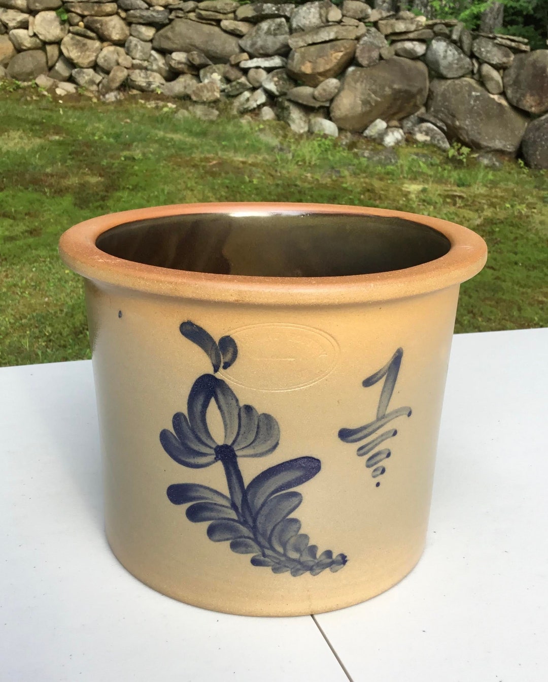 1987 Beaumont Pottery York ME 1 Gal Salt Glaze Stoneware Crock Cobalt ...