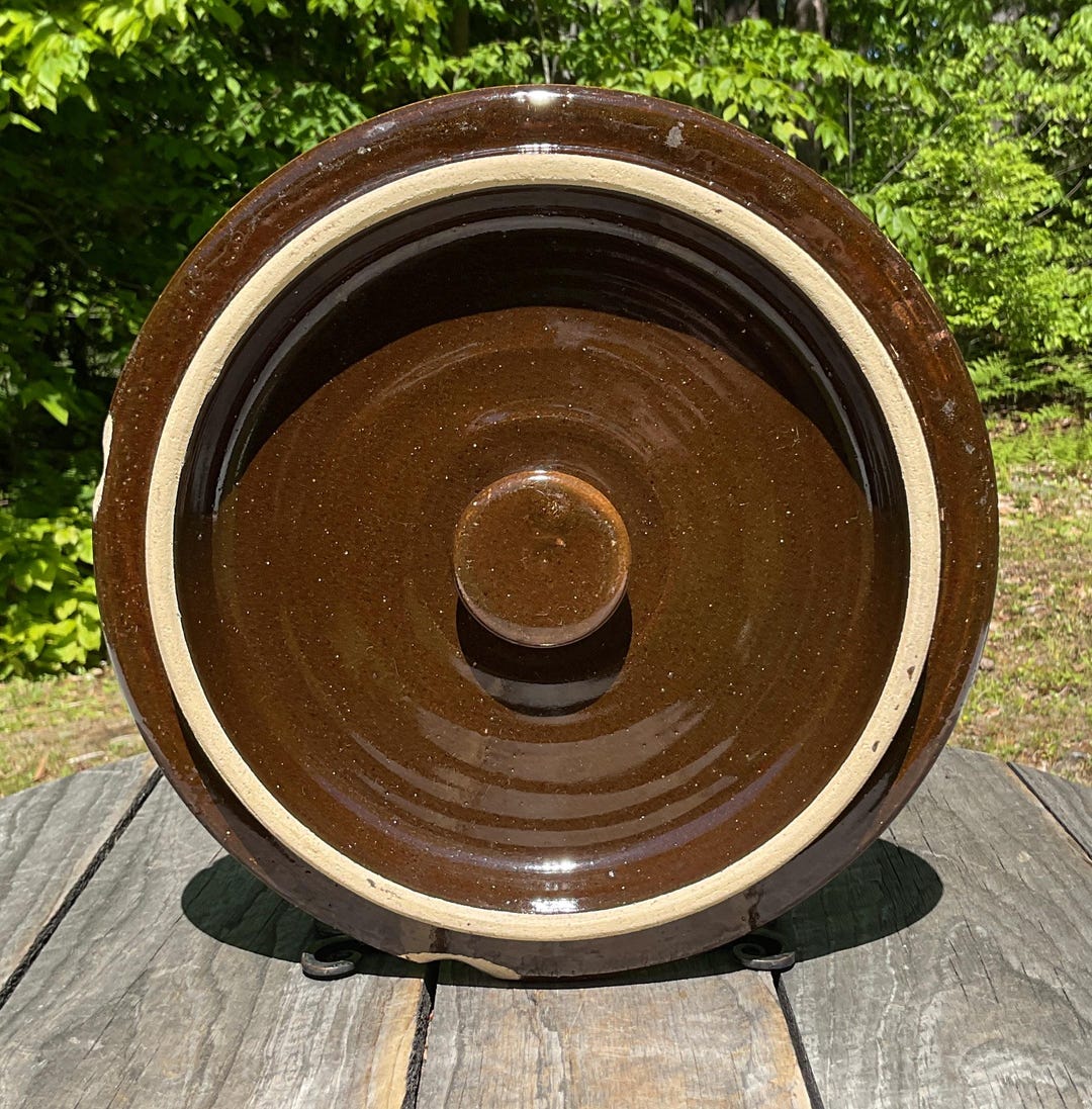 Antique Brown Stoneware Stamped 4 Gallon Crock Lid Recessed Button Knob ...