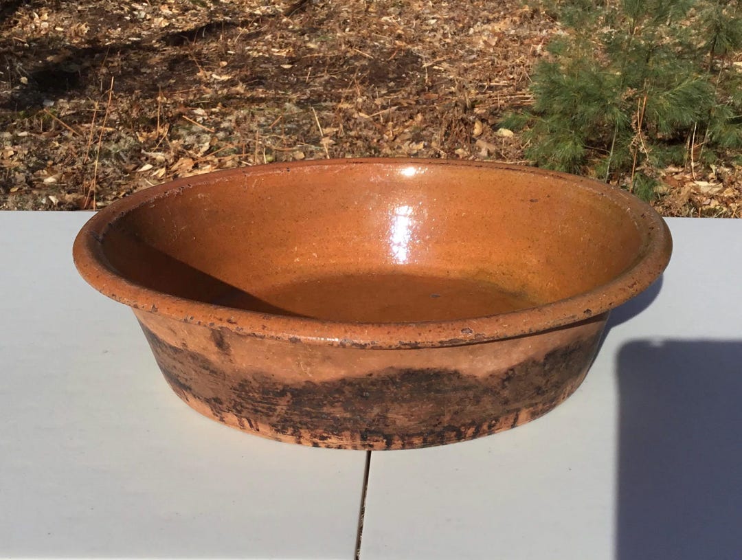 Large Antique Prim Redware Milk Pan Bowl Glazed Interior Farmhouse 14.5 ...