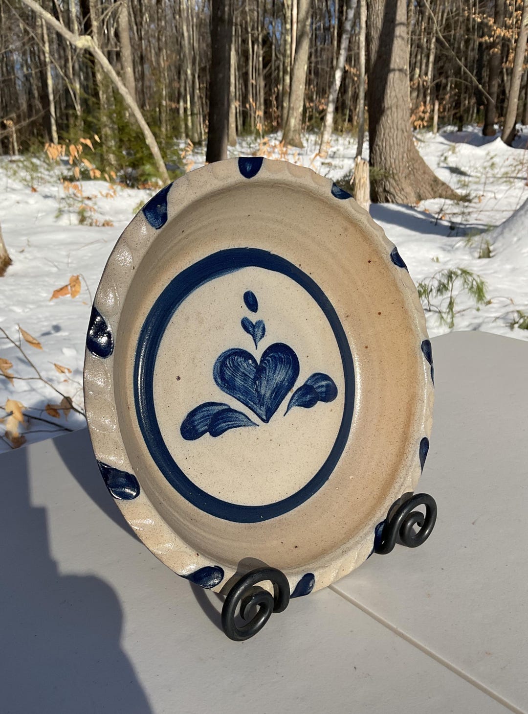 1988 Rowe Pottery Works Cambridge Wis Stoneware Blue Cobalt Heart Pie ...