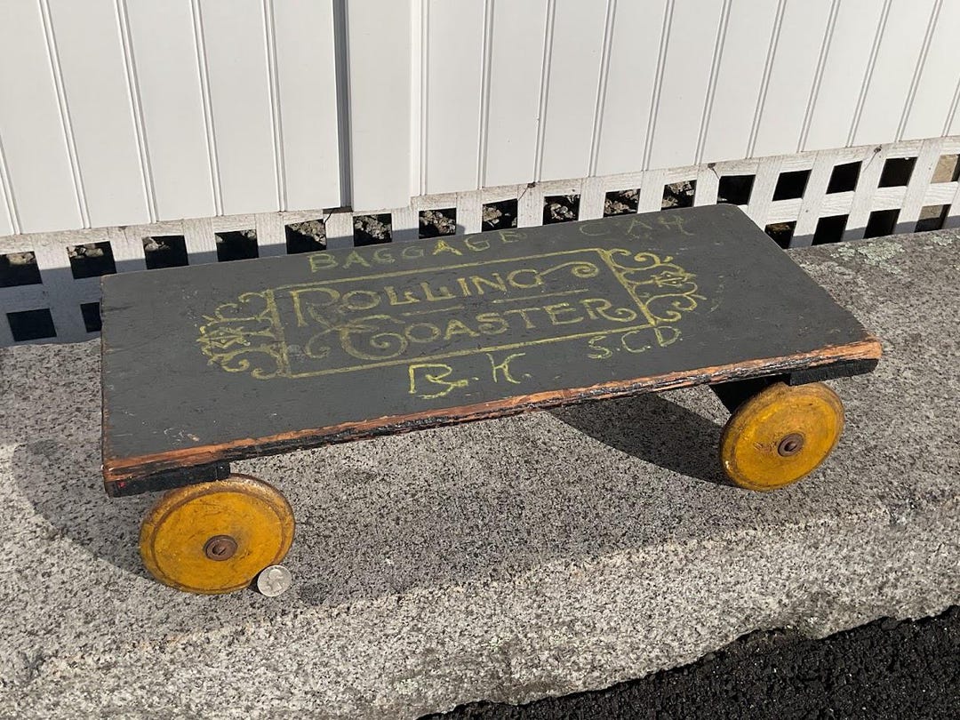 Antique Prim Folk Art Painted Wooden Wheels Rolling Coaster Wheeled ...