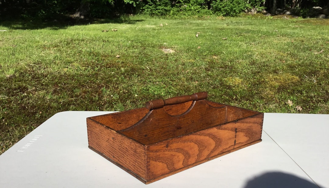 Antique Oak Wood Cutlery Utensil Tray Centered Turned Handle Box Corner ...
