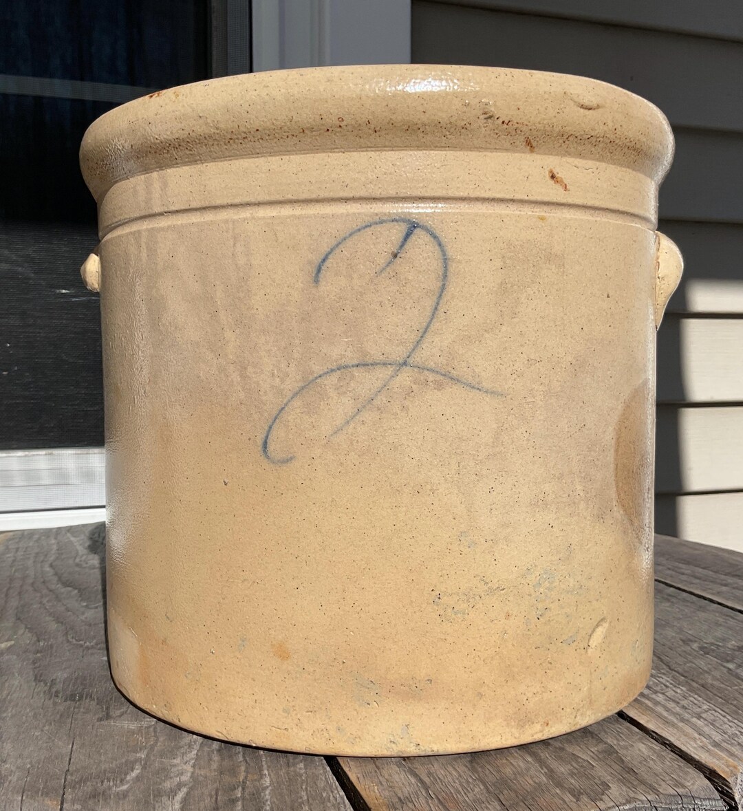 Antique Cobalt Number 2 Gal Salt Glaze Stoneware Crock Applied Handles ...
