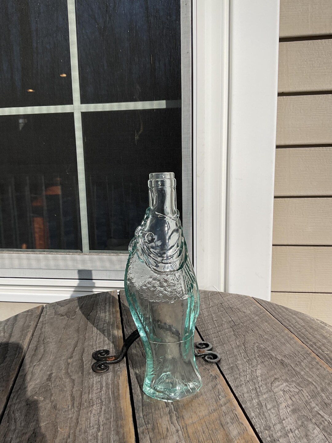 Vintage Heavy Thick Italian Glass Fish Bottle Wine Decanter Light Aqua ...