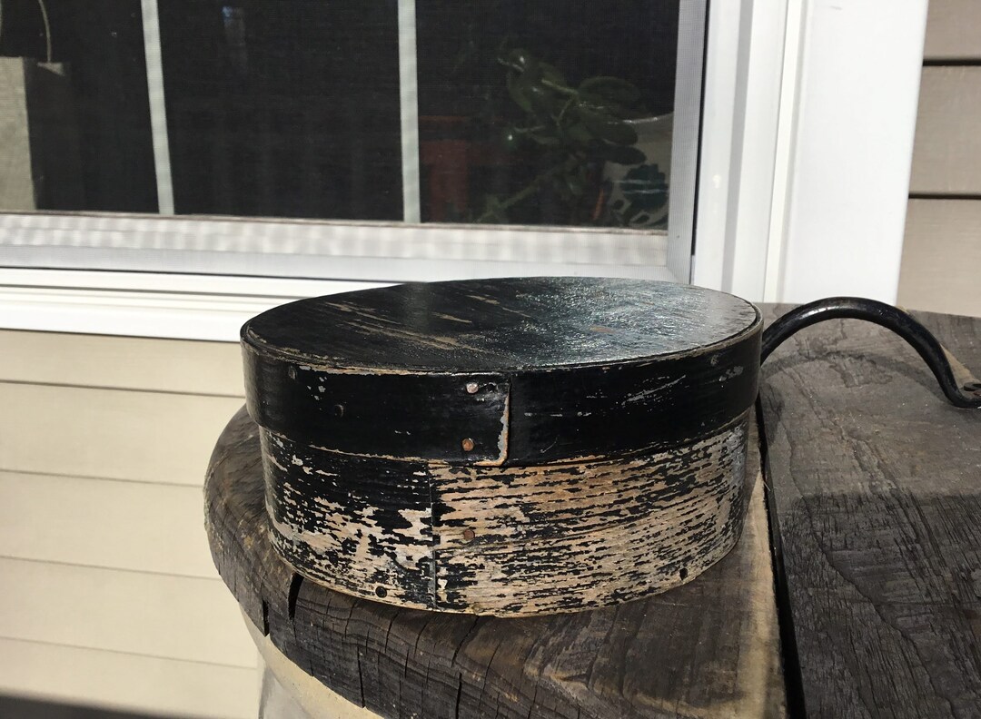 Antique Primitive Black Chippy Paint Wooden Circular Pantry Box & Lid 6 ...