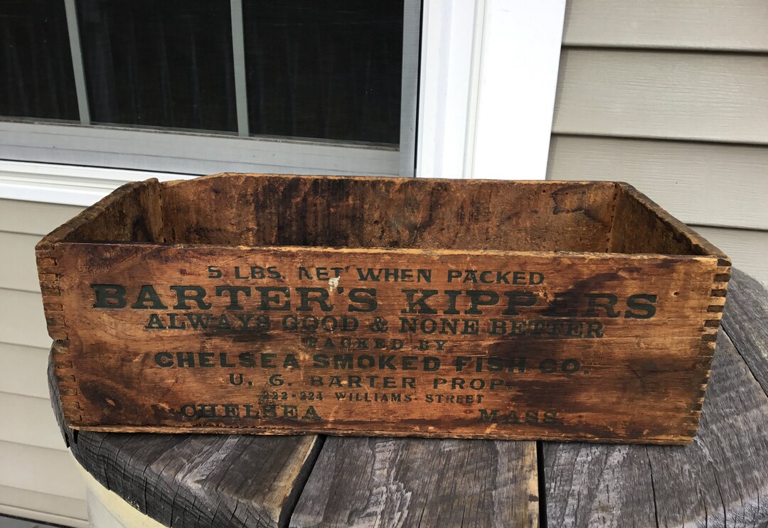 Antique Advertising Barter's Kippers Wooden Shipping Box Chelsea Mass ...