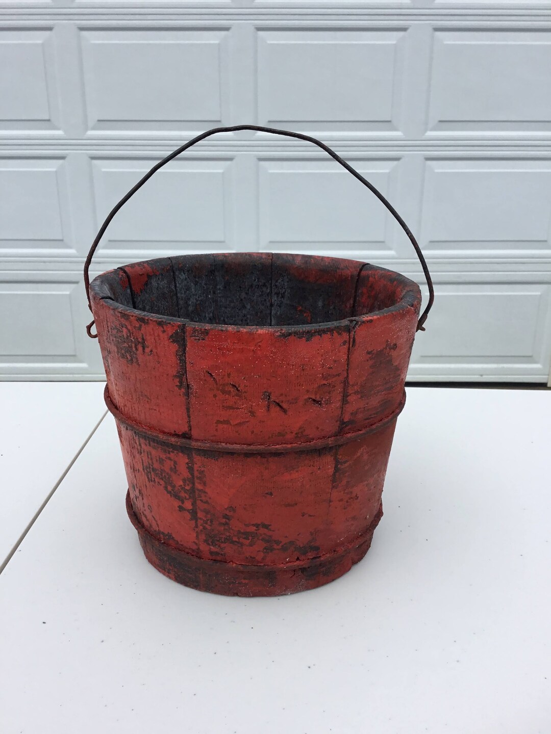 Antique Small Prim Old Red Paint Wood Stave Pail Bucket & Swing Handle ...