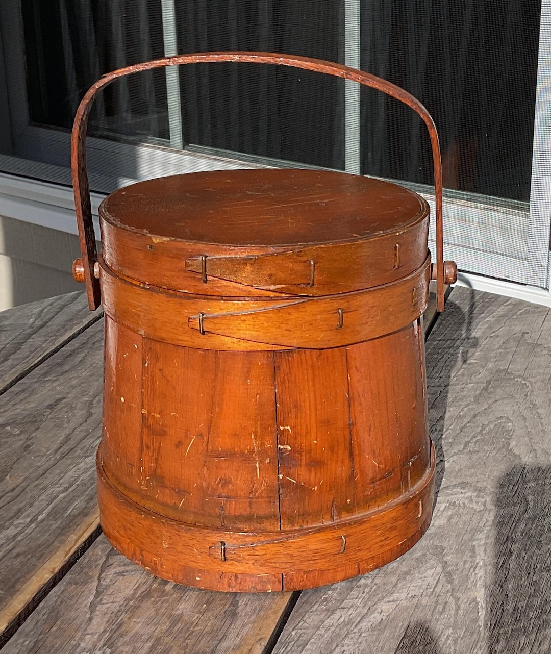 Small Antique Wooden Firkin Sugar Bucket & Lid 3 Band 6.5" H Dark ...