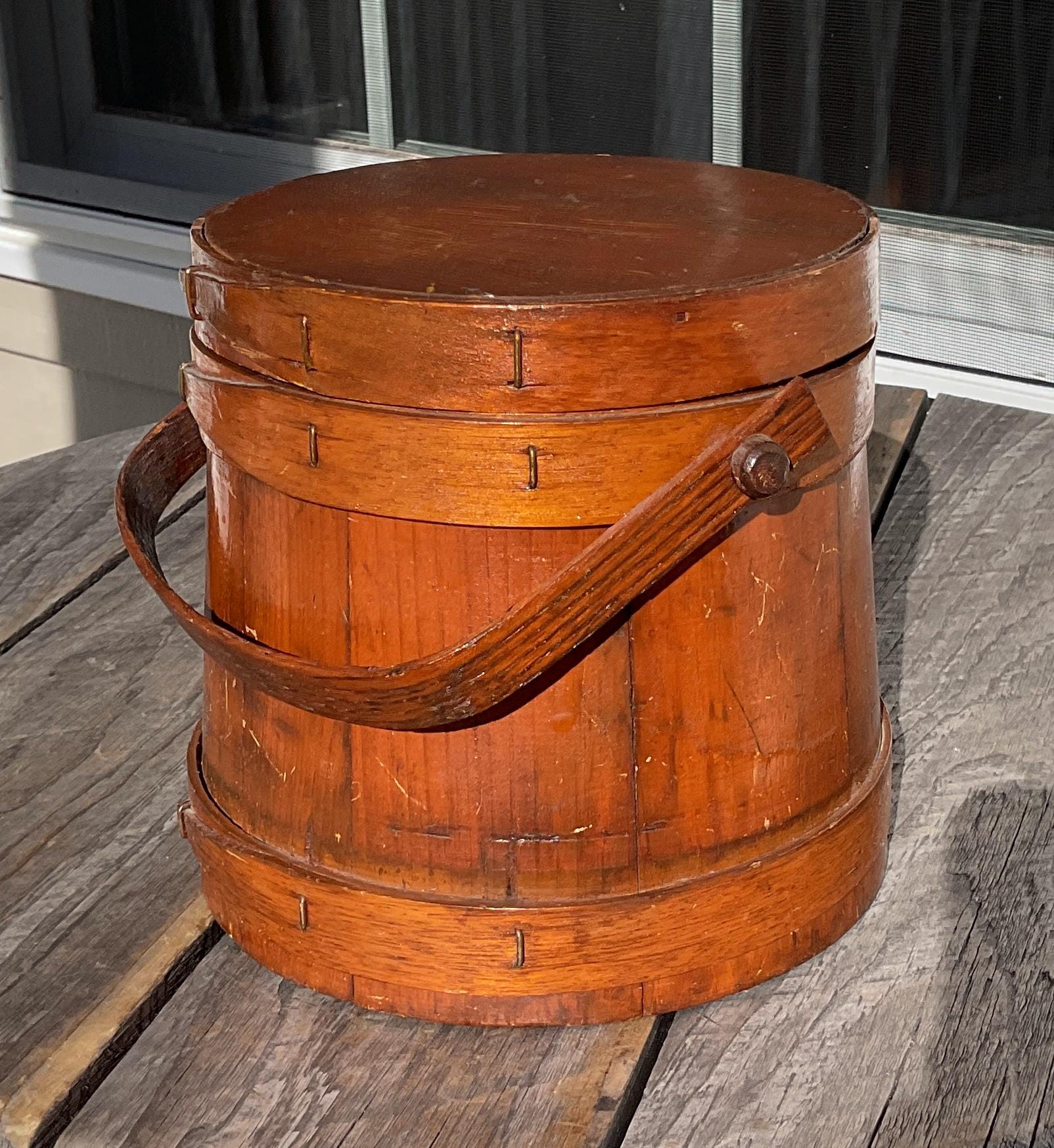 Small Antique Wooden Firkin Sugar Bucket & Lid 3 Band 6.5" H Dark ...