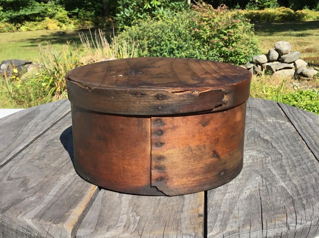Antique Prim Wood Circular Pantry Box & Lid Dark Patina Country ...