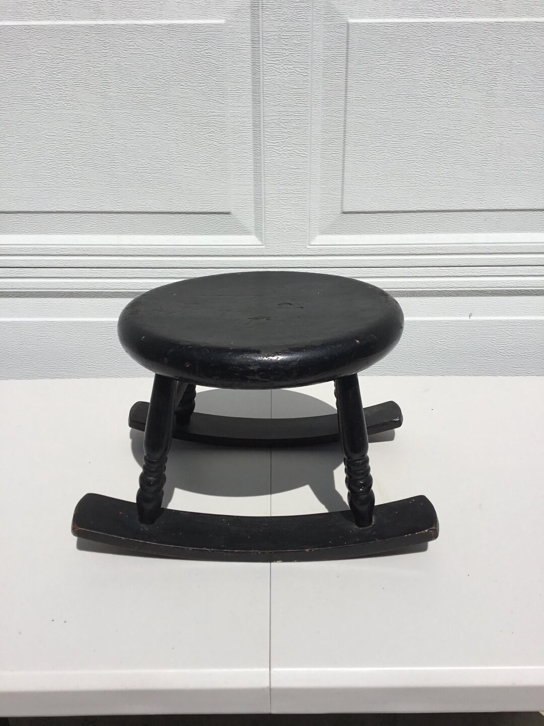 Antique Round Old Black Paint Unique Rocking Foot Stool Foot Rest Thick ...