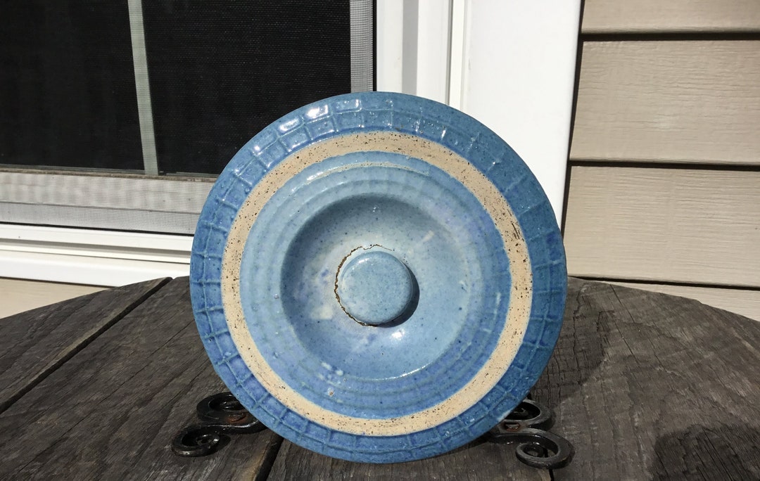 Antique Blue Waffle Pattern Stoneware Butter Salt Crock Lid ONLY Button ...