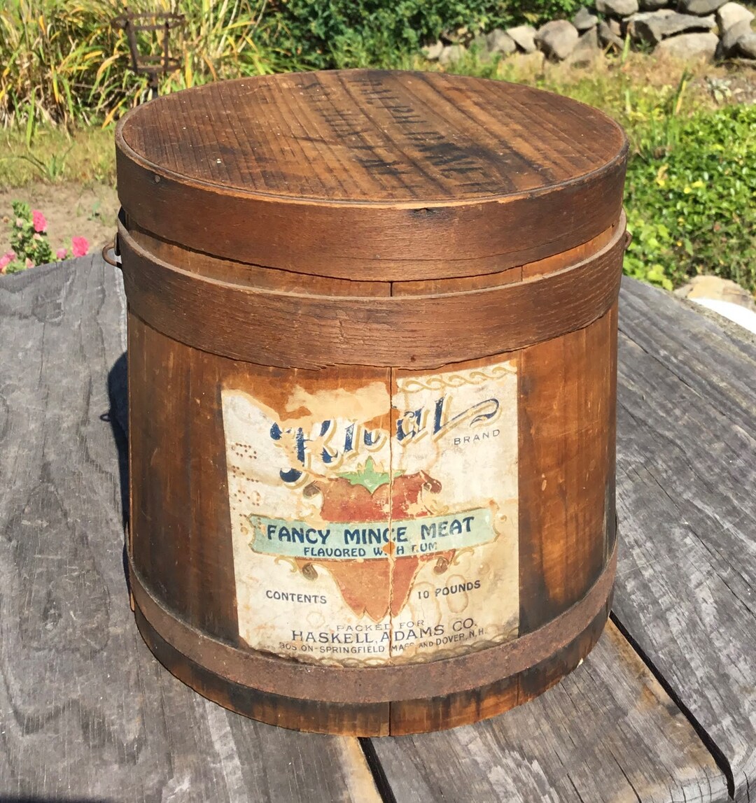 Small Antique Mince Meat Firkin Bucket Handle & Lid Paper Label Boston ...