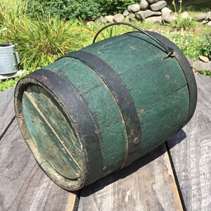 Antique Prim Old Green Wooden Paint/pail/barrel Bucket Metal Bands ...