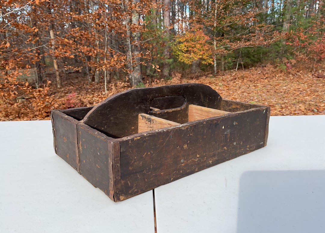 Antique Wooden Divided Handle Caddy Carrier Tote Dark Patina Steel ...