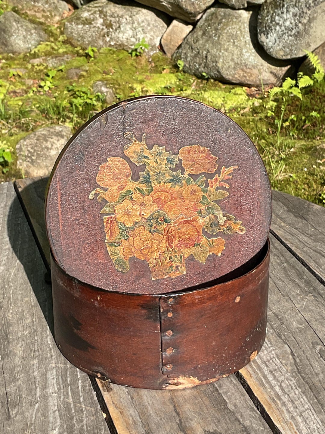 Antique Prim Wooden Floral Decoupage Pantry Box & Lid 7 5/8" D Old ...