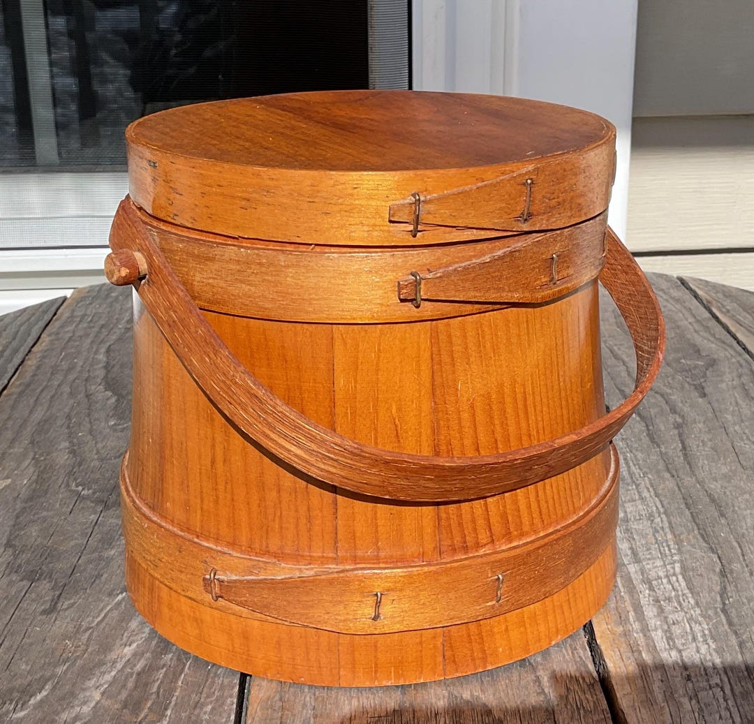 Small Vintage Prim Firkin Sugar Bucket Drop Handle & Lid 6.5" H Golden ...