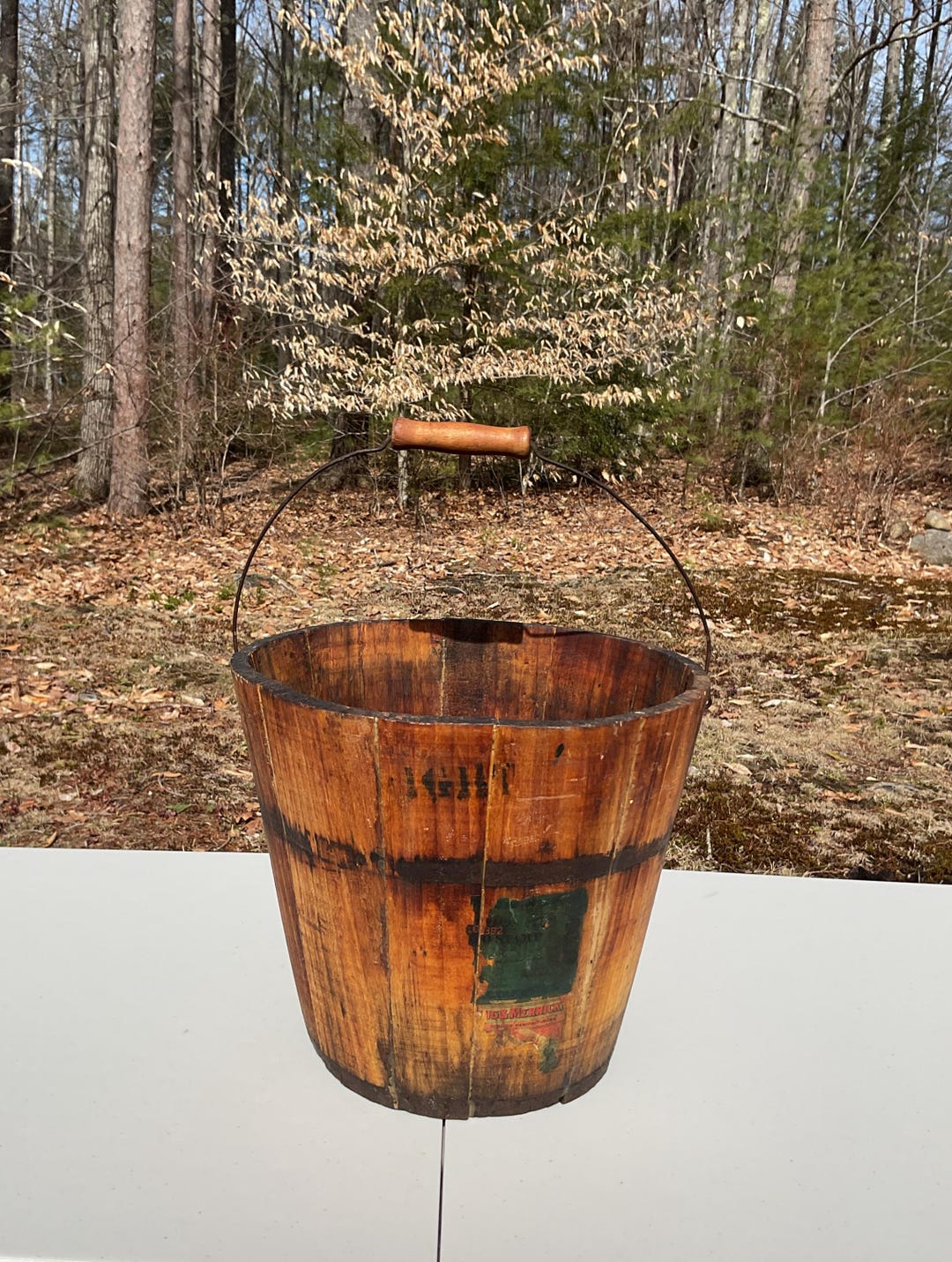Antique Wooden Staved Bucket With Swing Wood Bail Handle 11" H ...