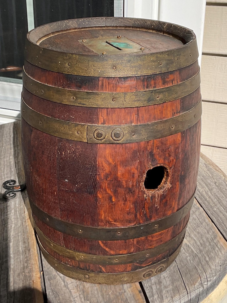 Antique Prim Wooden Barrel Cask 6 Metal Bands Repurposed Coin Piggy ...