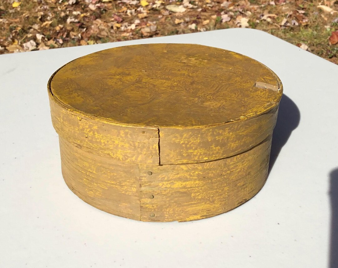 Antique Wooden Circular Pantry Box & Lid Mustard Yellow Grain Painted 6 ...
