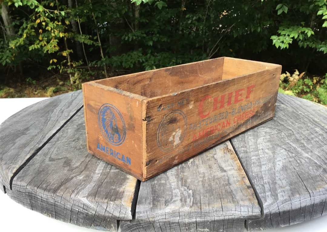 Vintage Prim Chief Wooden 5 Lb Cheese Box Old Dairy Advertising Fond Du ...