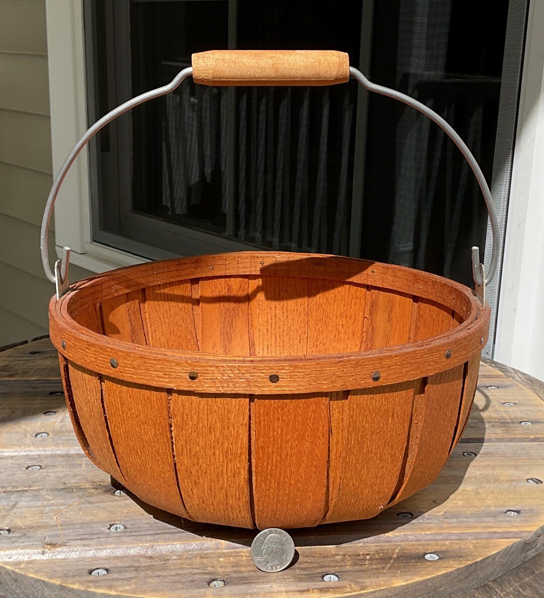 Vintage Wood Signed Apple Basket Swing Wooden Bail Handle Country Farm ...