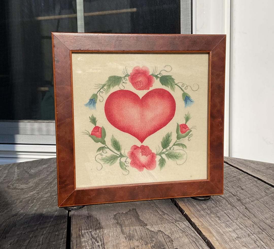 Vintage 1986 Hand Stencil Velvet Theorem Framed Pink Blue Heart Flowers ...
