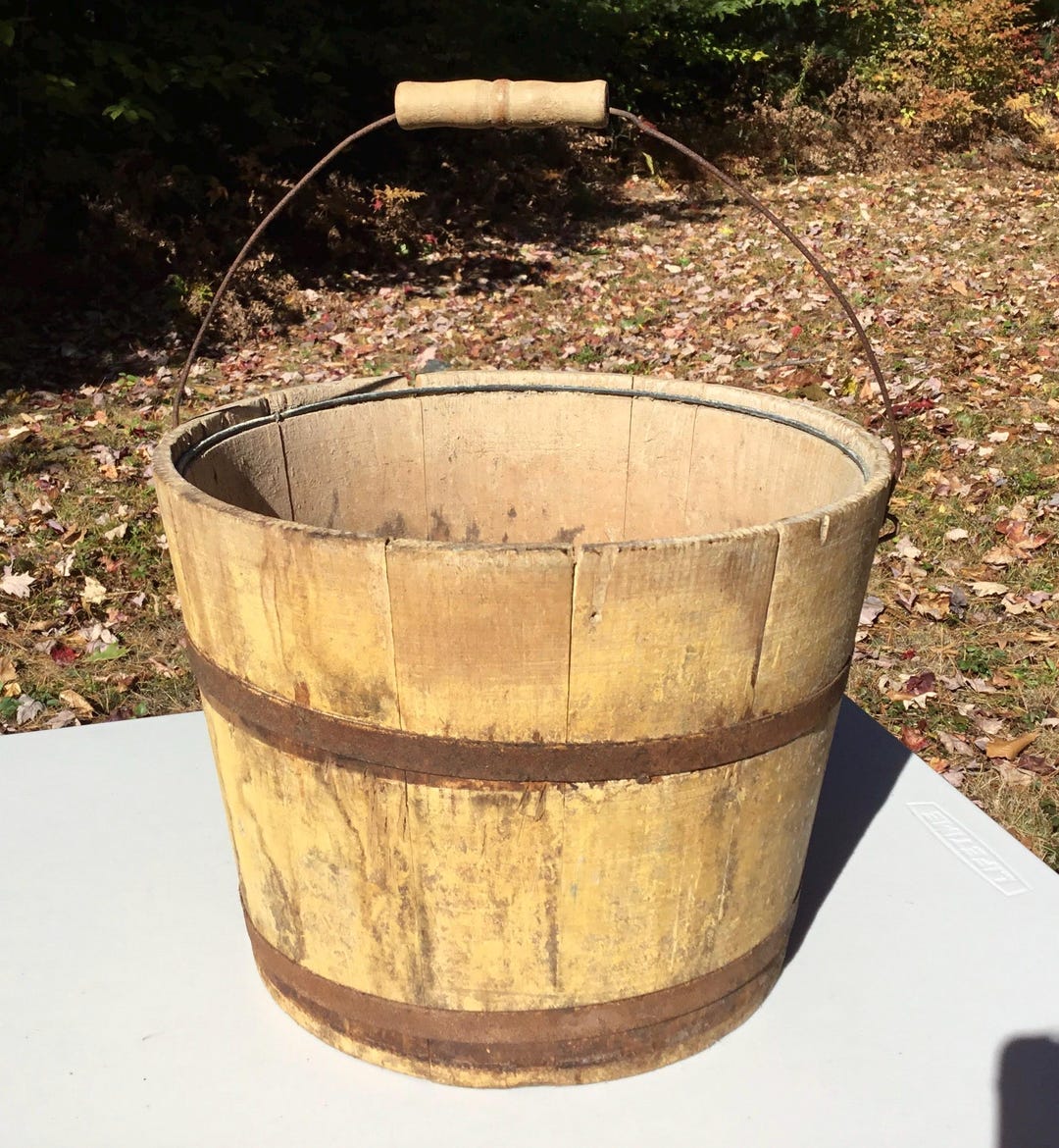 Antique Prim Old Yellow Paint Wooden Staved Pail Bucket & Swing Handle ...