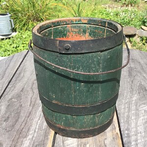 Antique Prim Old Green Wooden Paint/pail/barrel Bucket Metal Bands ...