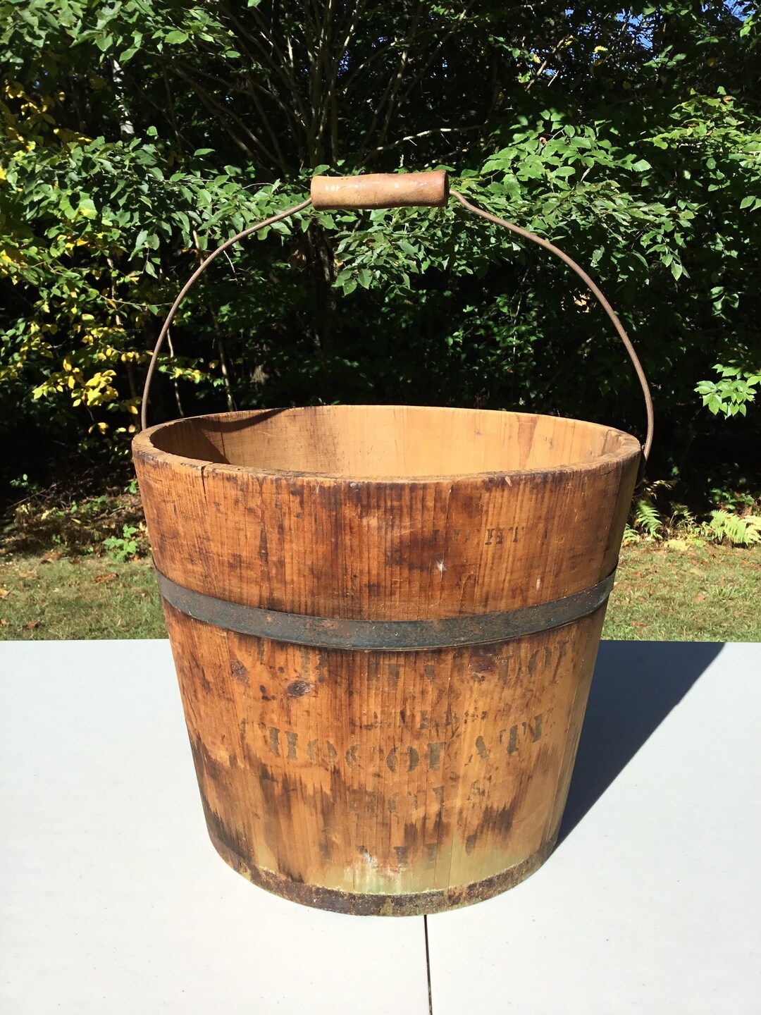 Antique Large Wood Staved Chocolate Drops Pail Bucket & Swinging Handle ...