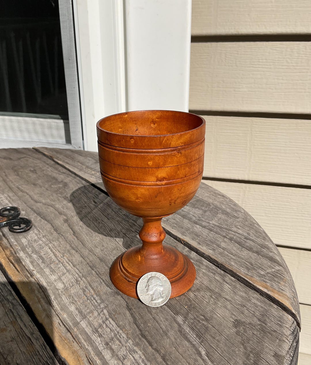 Vintage Hand Turned Wooden Goblet Decorative Incised Lines Stem Base 4. ...