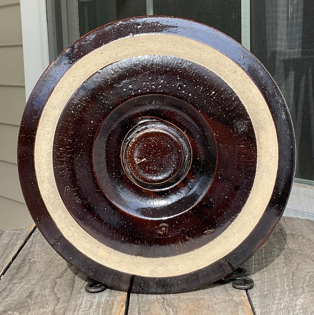 Antique Brown Stoneware Stamped 3 Gal Crock Lid Recessed Button Knob 10 ...