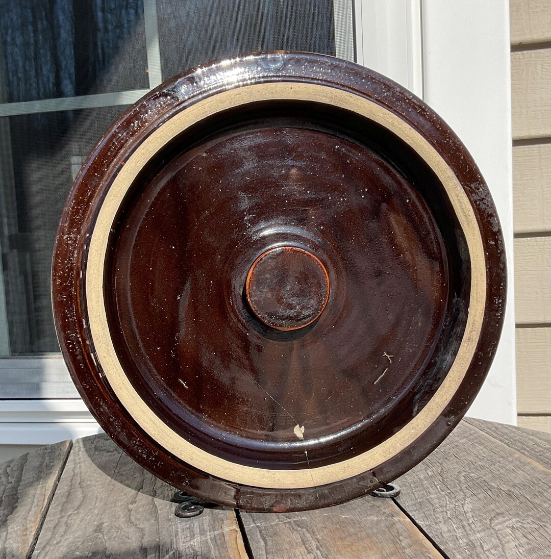 Antique Dark Brown Stoneware Recessed Button Knob Crock Lid ONLY 12.75 ...