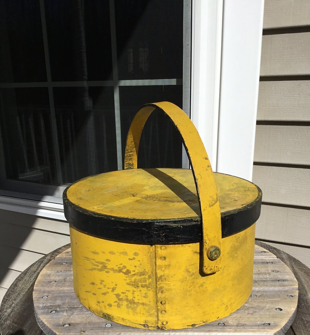 Antique Large Old Yellow Thick Wood Pantry Box W/lid & Wood Swing ...