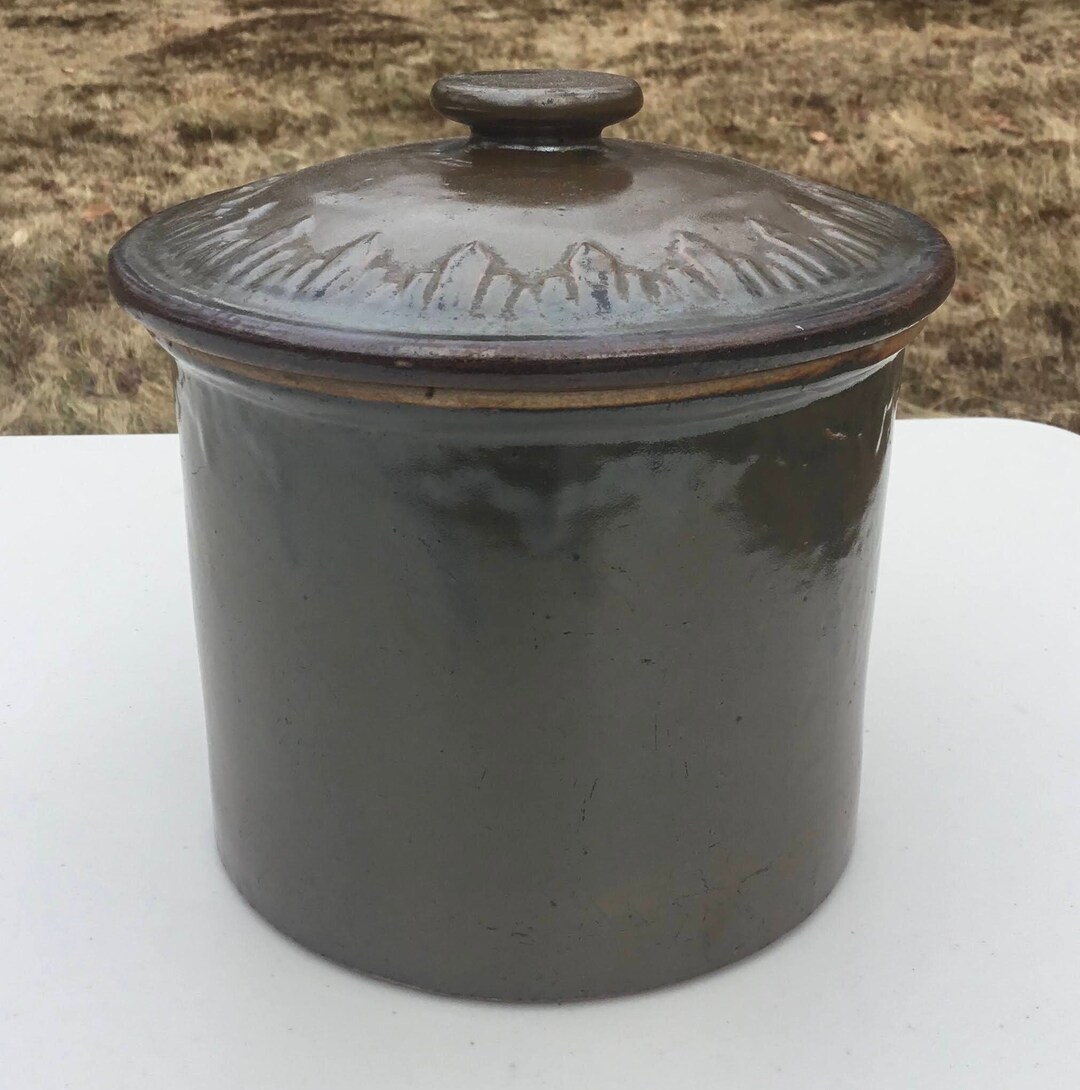 Vintage Brown Stoneware Crock & Lid Embossed Decorative Pattern ...