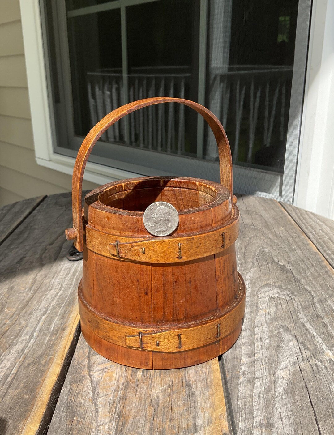 Small Vintage Wood Firkin Sugar Bucket & Handle 2 Band Country ...