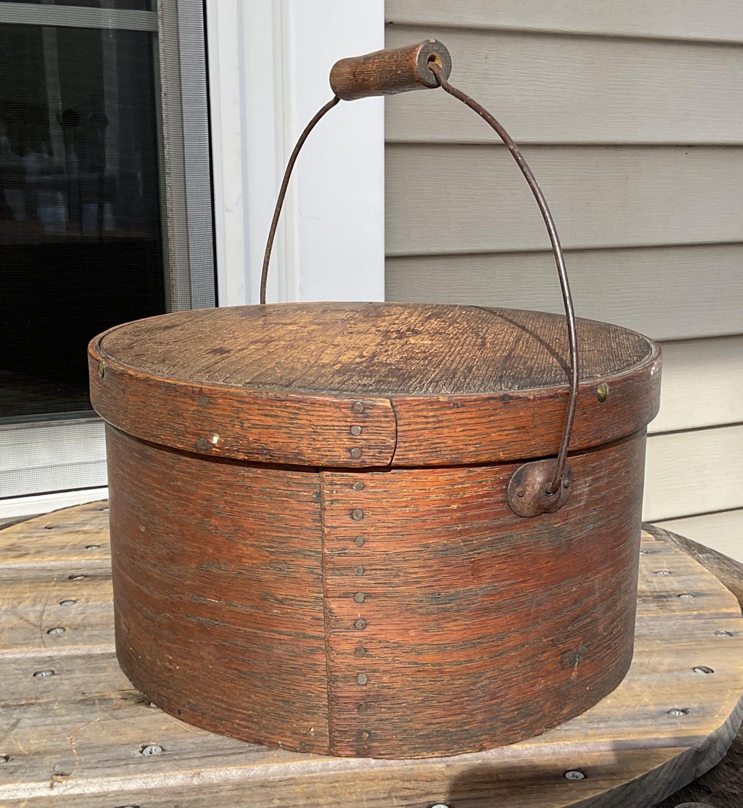 Antique Prim Wood Pantry Box W/lid & Swing Wood Bail Handle 11.5"d ...