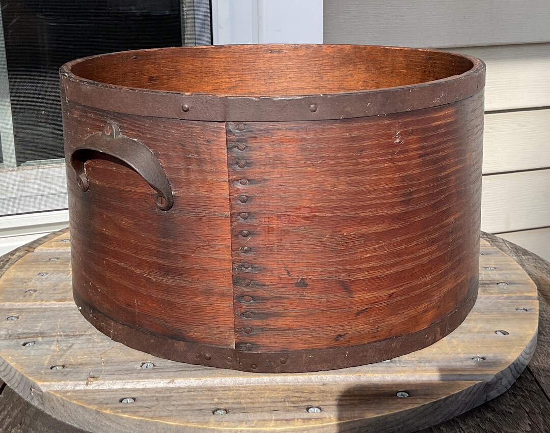 Large Antique Half Bushel Wood Grain Measure Steel Handles Country ...