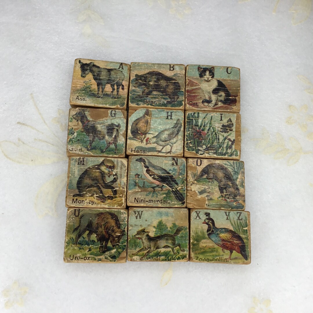 Antique Victorian Lithograph Animal Alphabet Wooden Blocks Full Set of ...