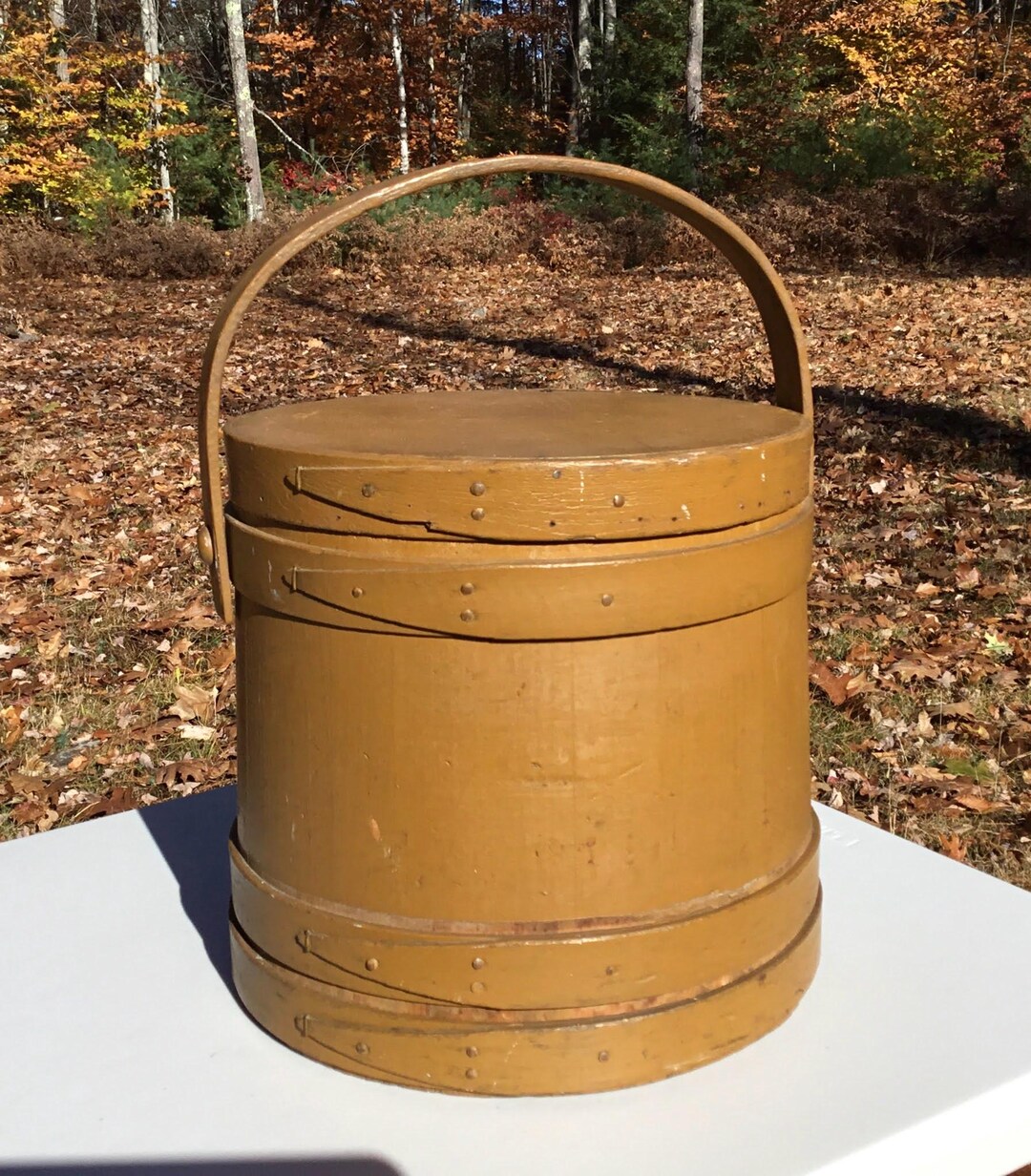 Antique Prim Old Mustard Yellow Wooden Firkin Sugar Bucket Swing Handle ...