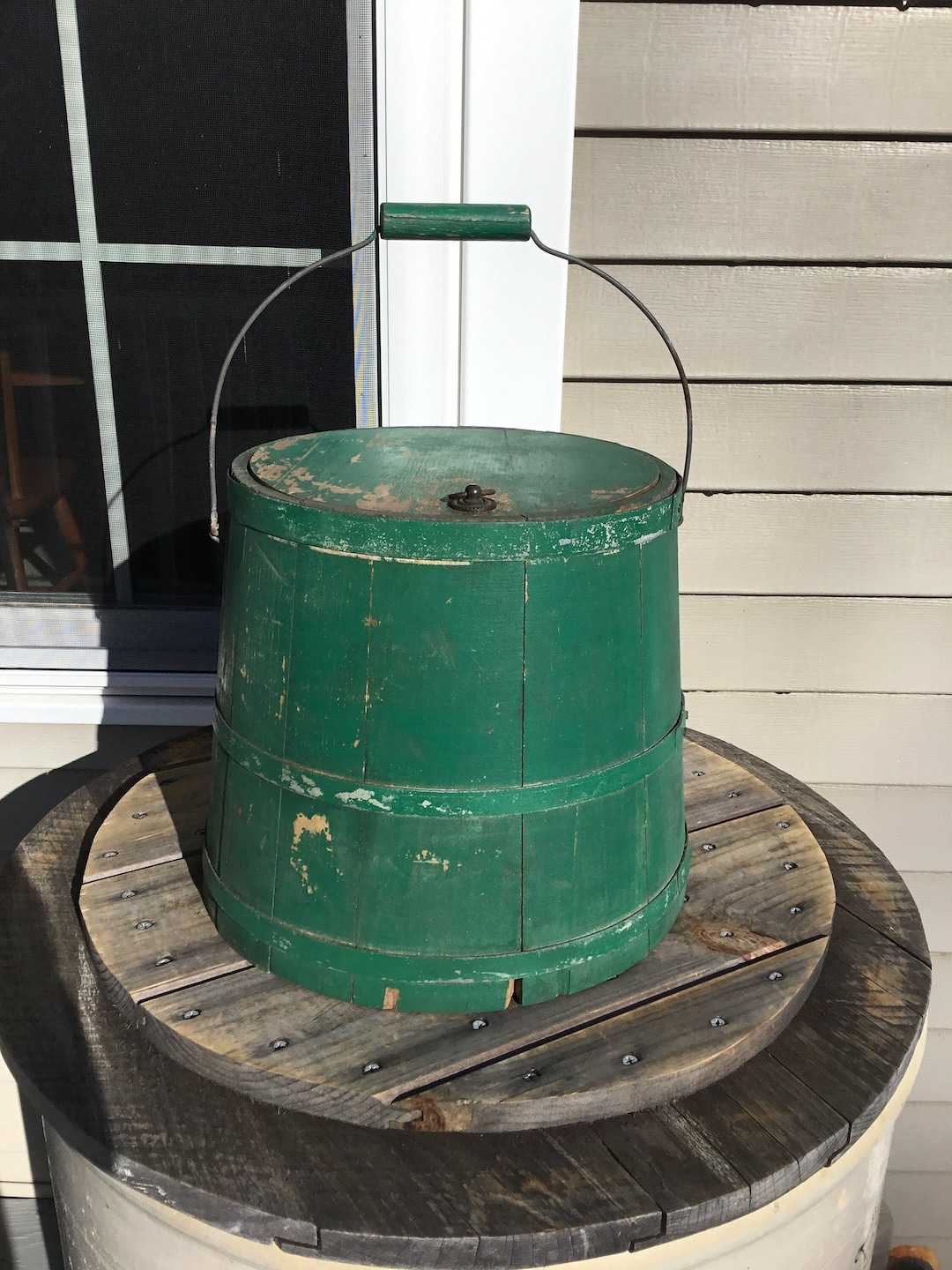 Antique Old Green Wooden Stave Sugar Bucket Firkin & Lid Metal Swing ...