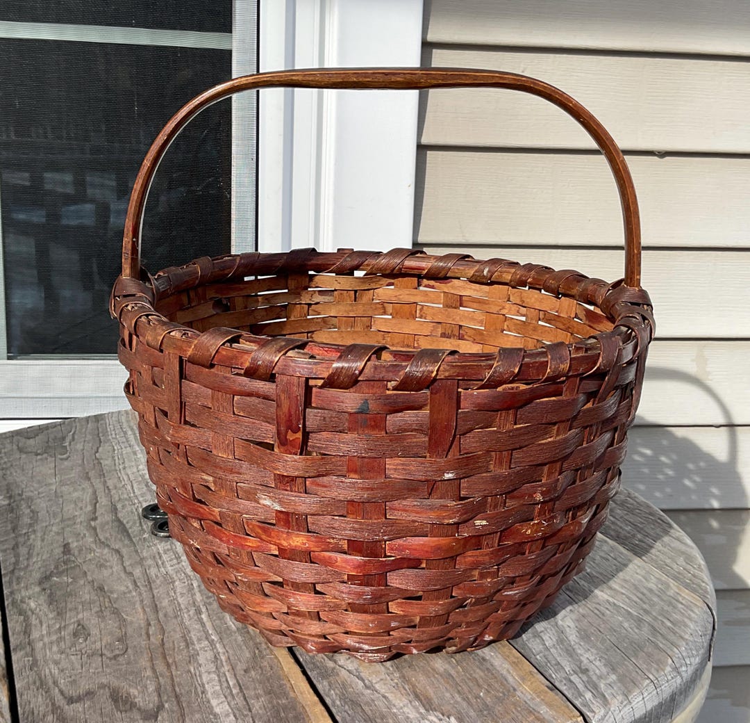 Vintage Woven Wooden Weave Round Gathering Basket Stationary Handle 12 ...